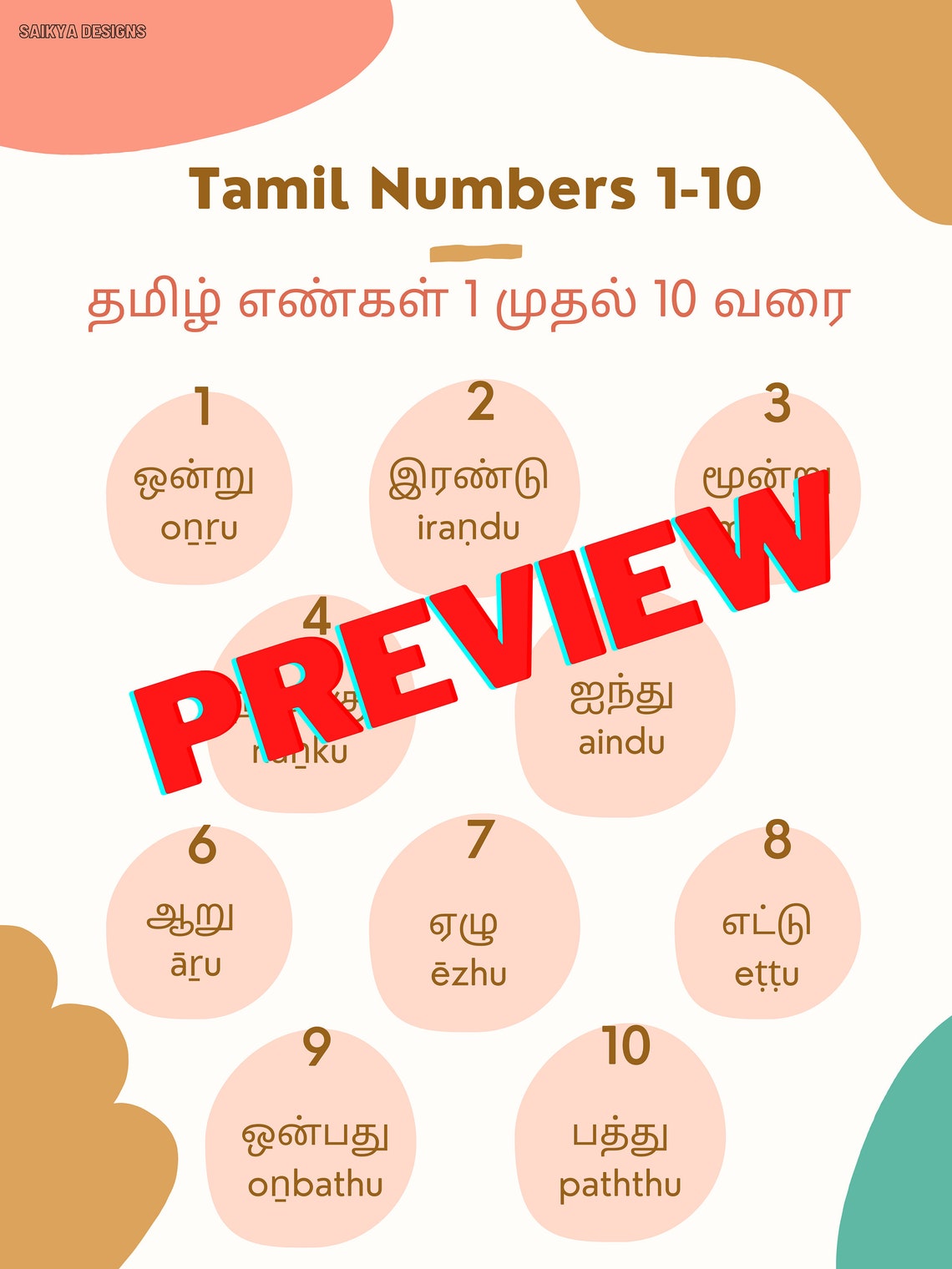Learn Tamil Education Poster Number Chart for 1-10. Printable | Etsy
