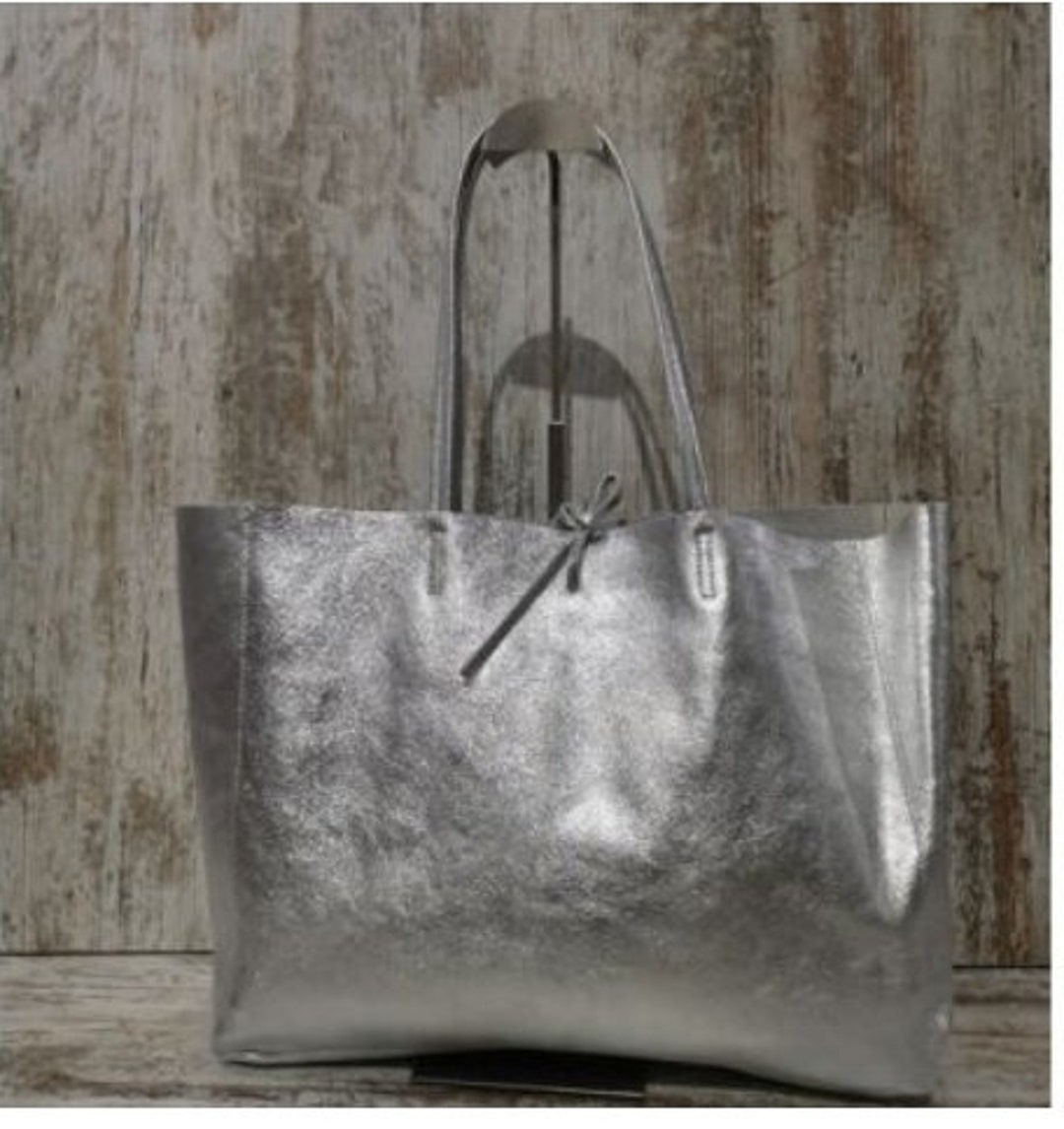 Silver Denise. Silver Leather Tote Bag. GENUINE Soft LEATHER. Silver ...