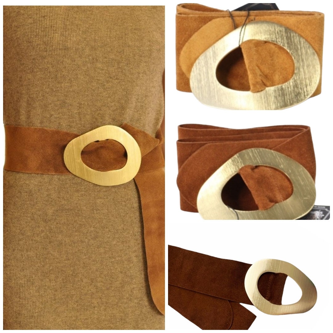 Leather Belt in Earth Colors, With a Large Golden Buckle. GENUINE ...