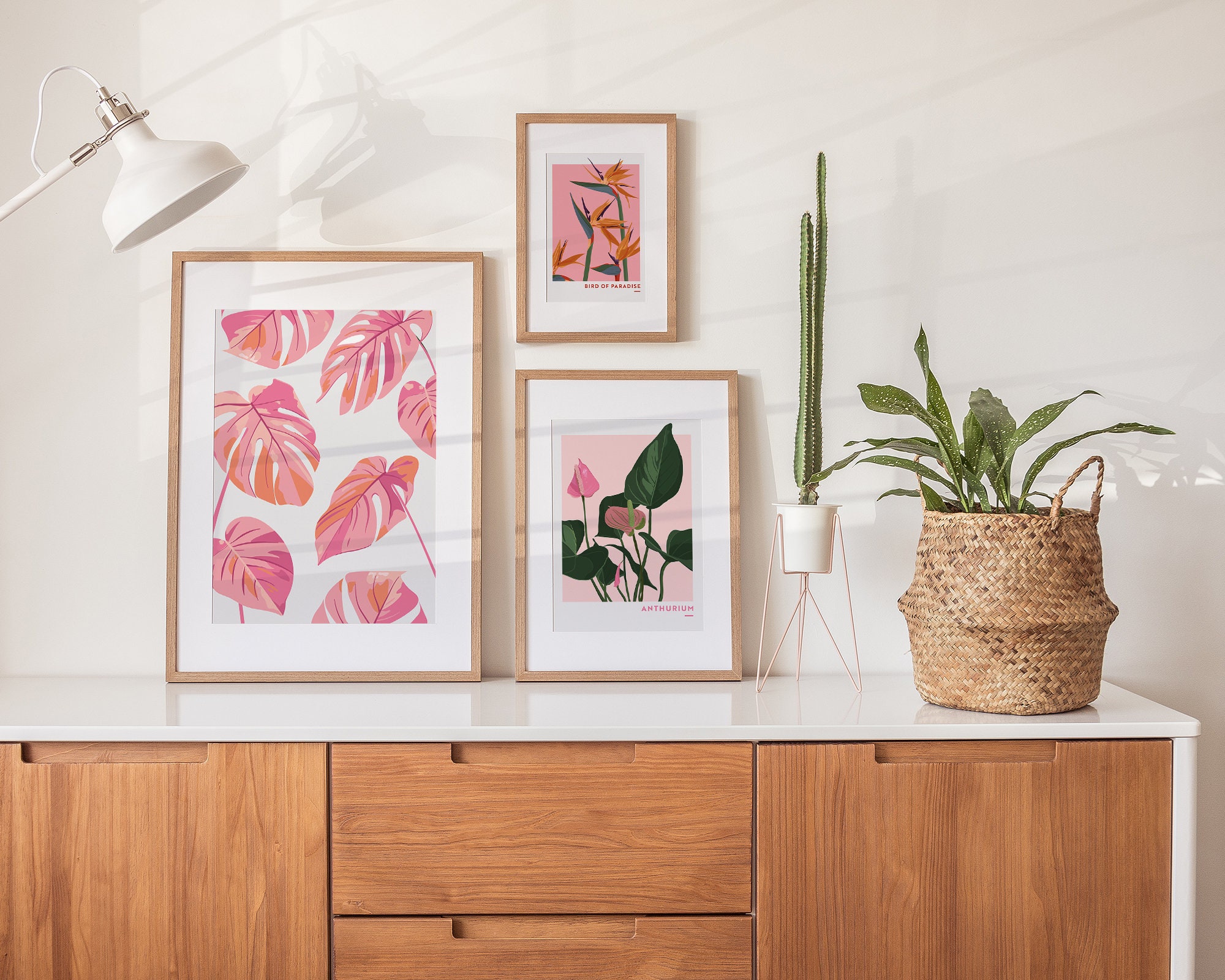 Plant Wall Art Printable Botanical Poster, Home Decor in Pink, Monstera ...