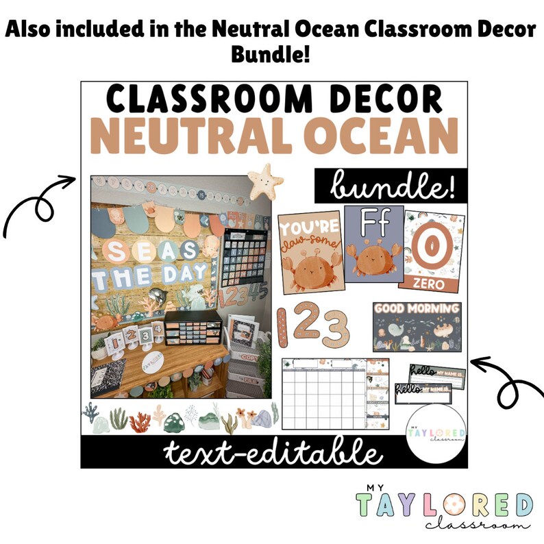 Neutral Ocean Alphabet Classroom Posters | EDITABLE | Modern Ocean ...