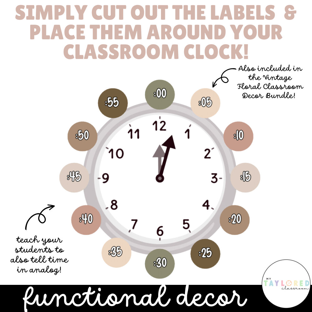 Vintage Floral Classroom Clock Labels | Vintage Classroom Decor ...