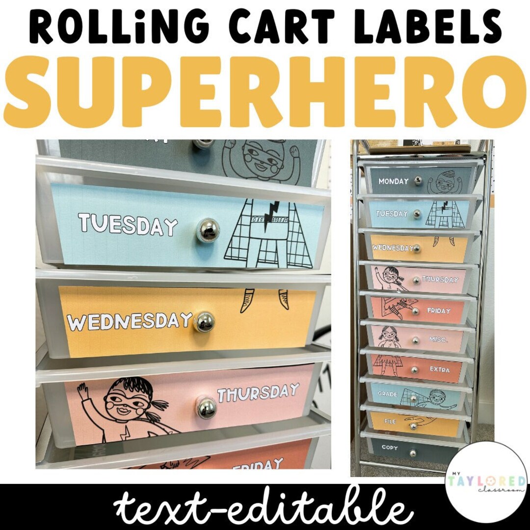 Superhero Rolling Cart Labels | EDITABLE | Superhero Classroom Decor - Etsy