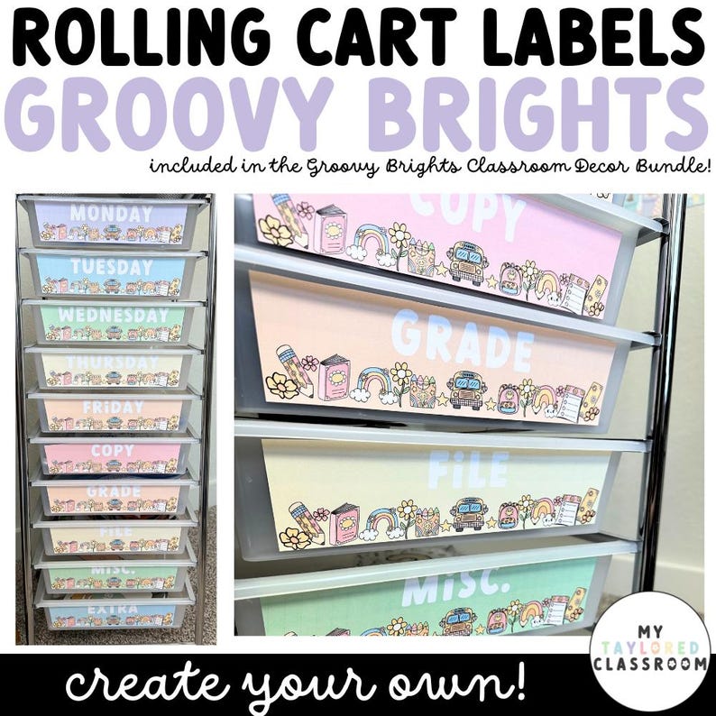 Groovy Brights Rolling Cart Labels – Retro Pastel Teacher Trolley ...