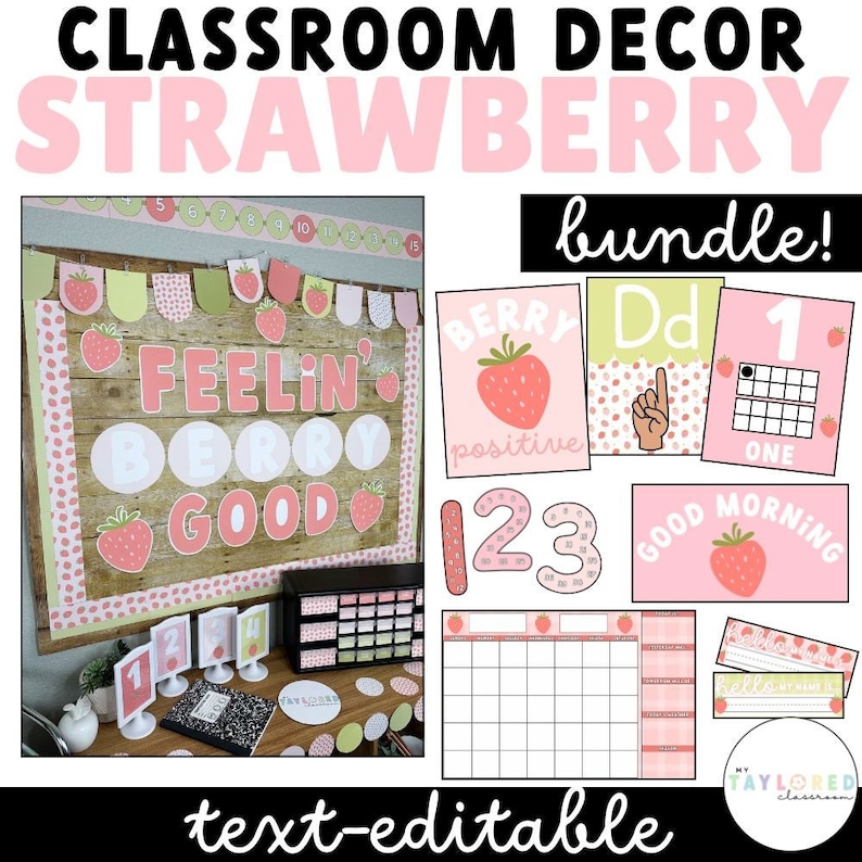 Strawberry Classroom Decor | EDITABLE | Calm Pastel Classroom Decor - Etsy