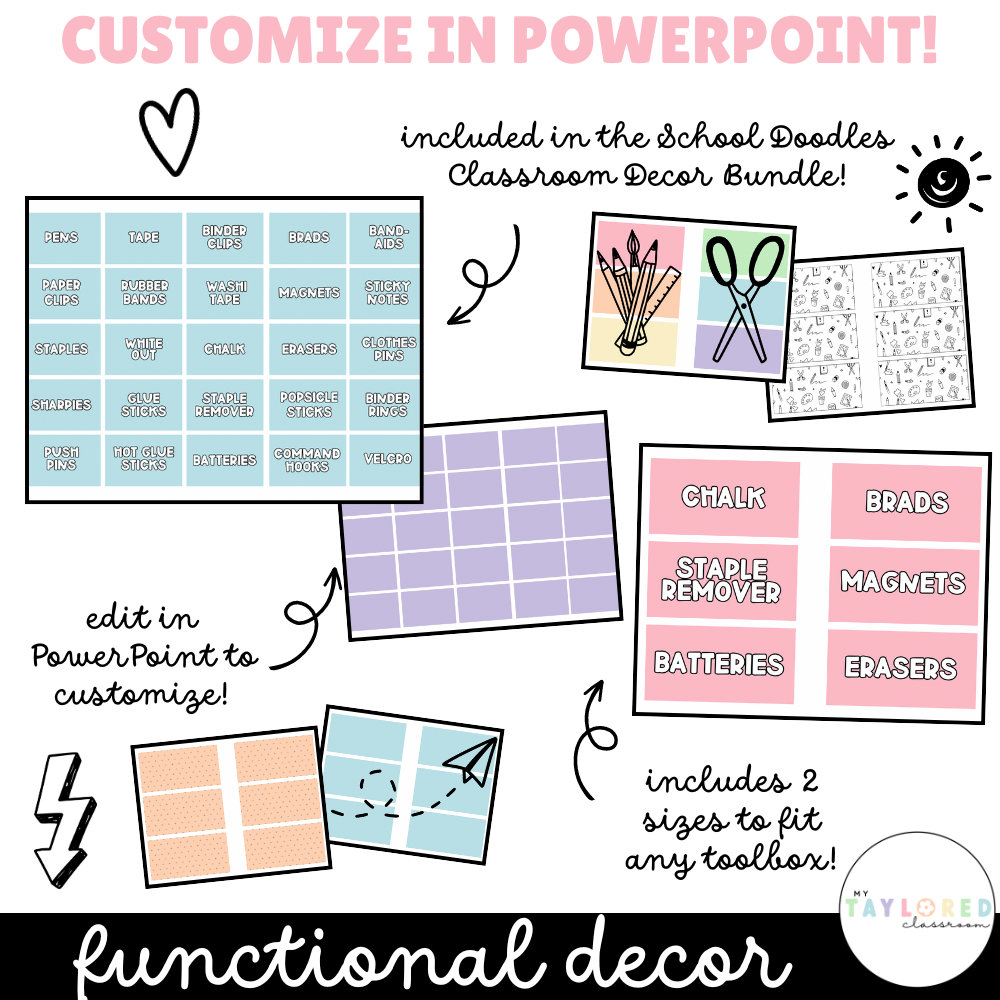 School Doodles Teacher Toolbox Labels | EDITABLE | Calm Pastel ...