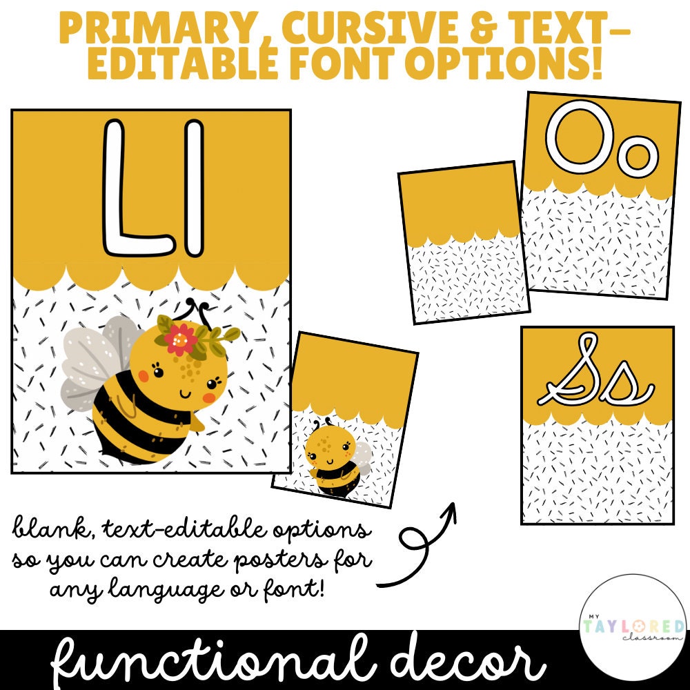 Honeybee Alphabet Classroom Posters | EDITABLE | Bee-themed Classroom ...