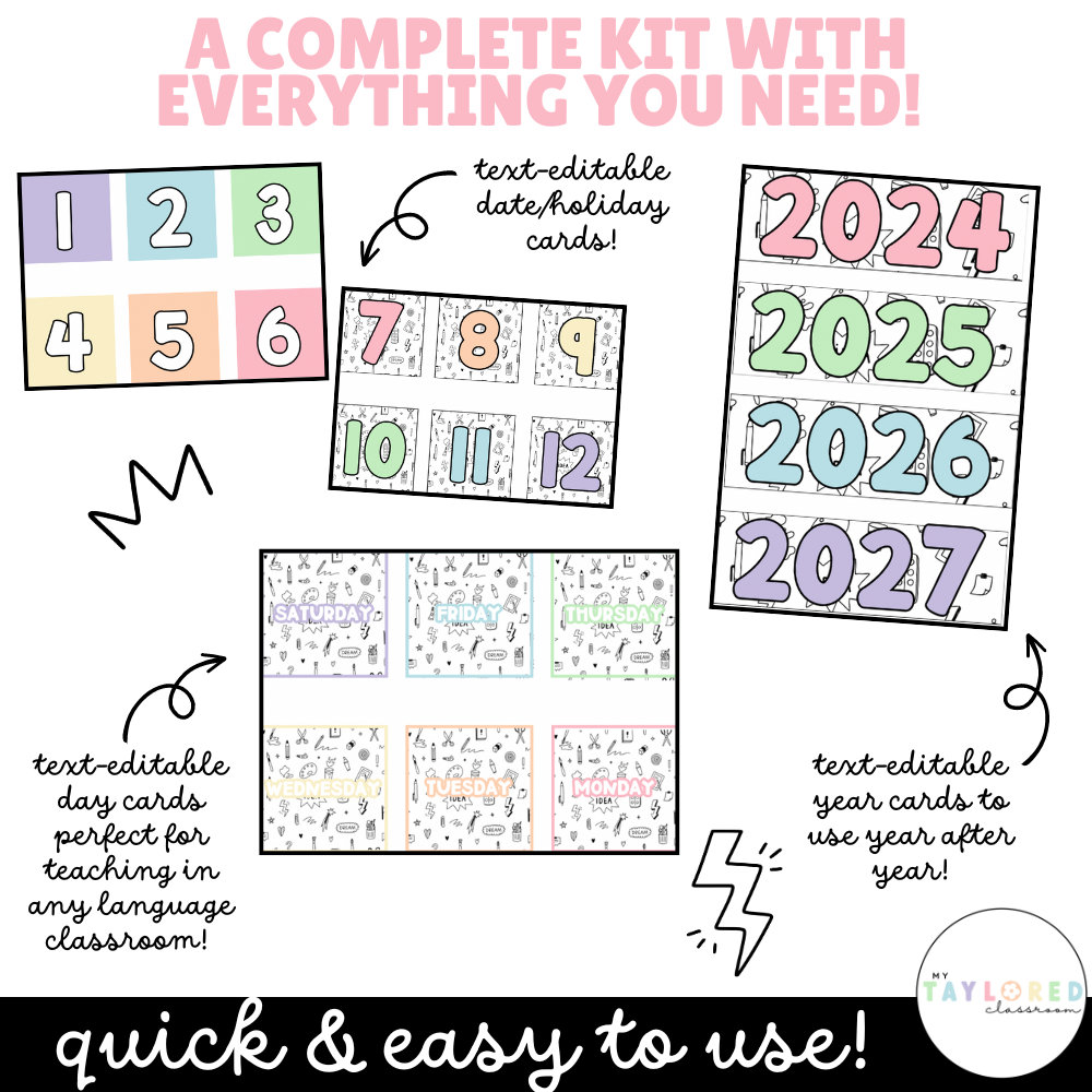 School Doodles Classroom Calendar Kit | EDITABLE | Calm Pastel ...