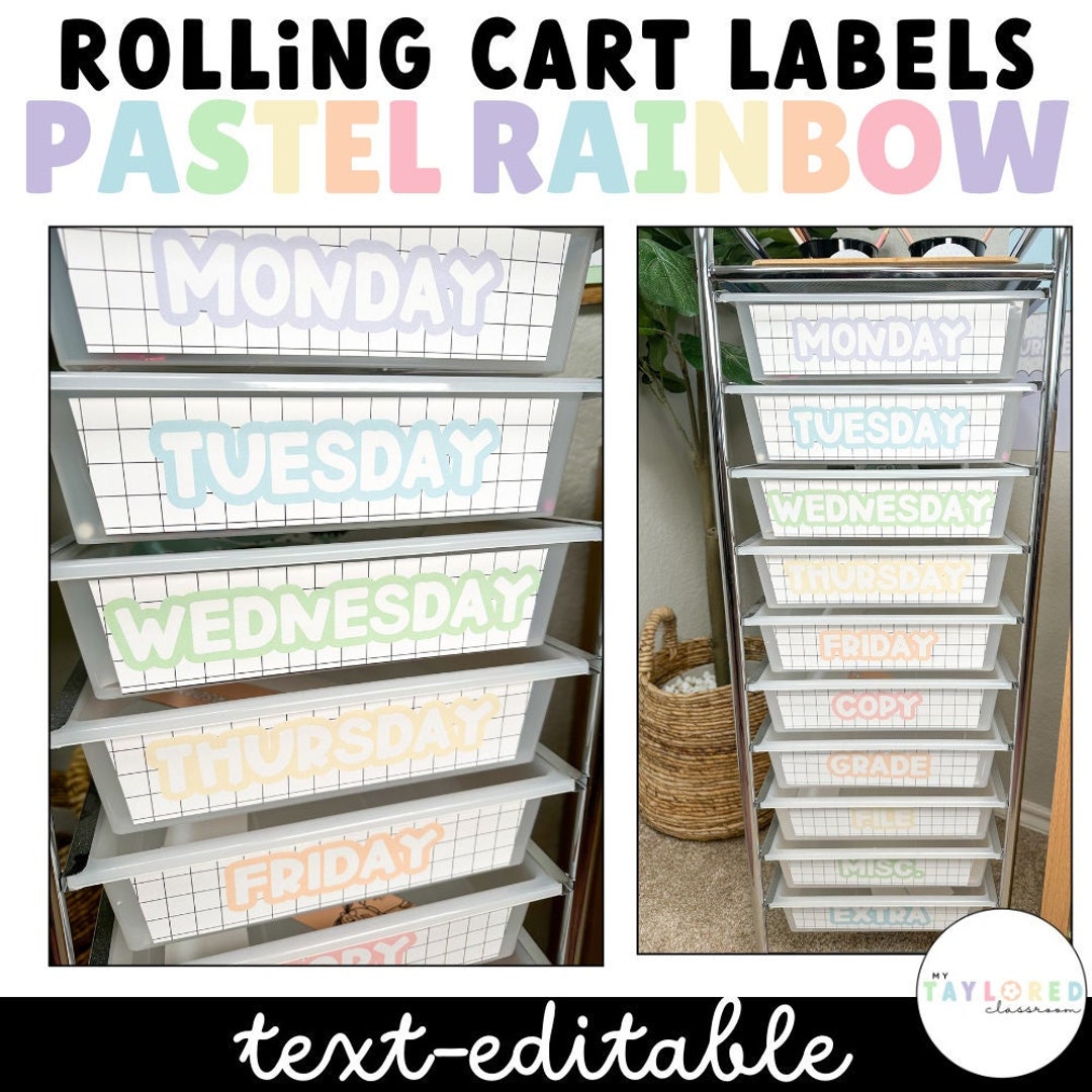 Pastel Rainbow Teacher Rolling Cart Labels | EDITABLE | Pastel ...