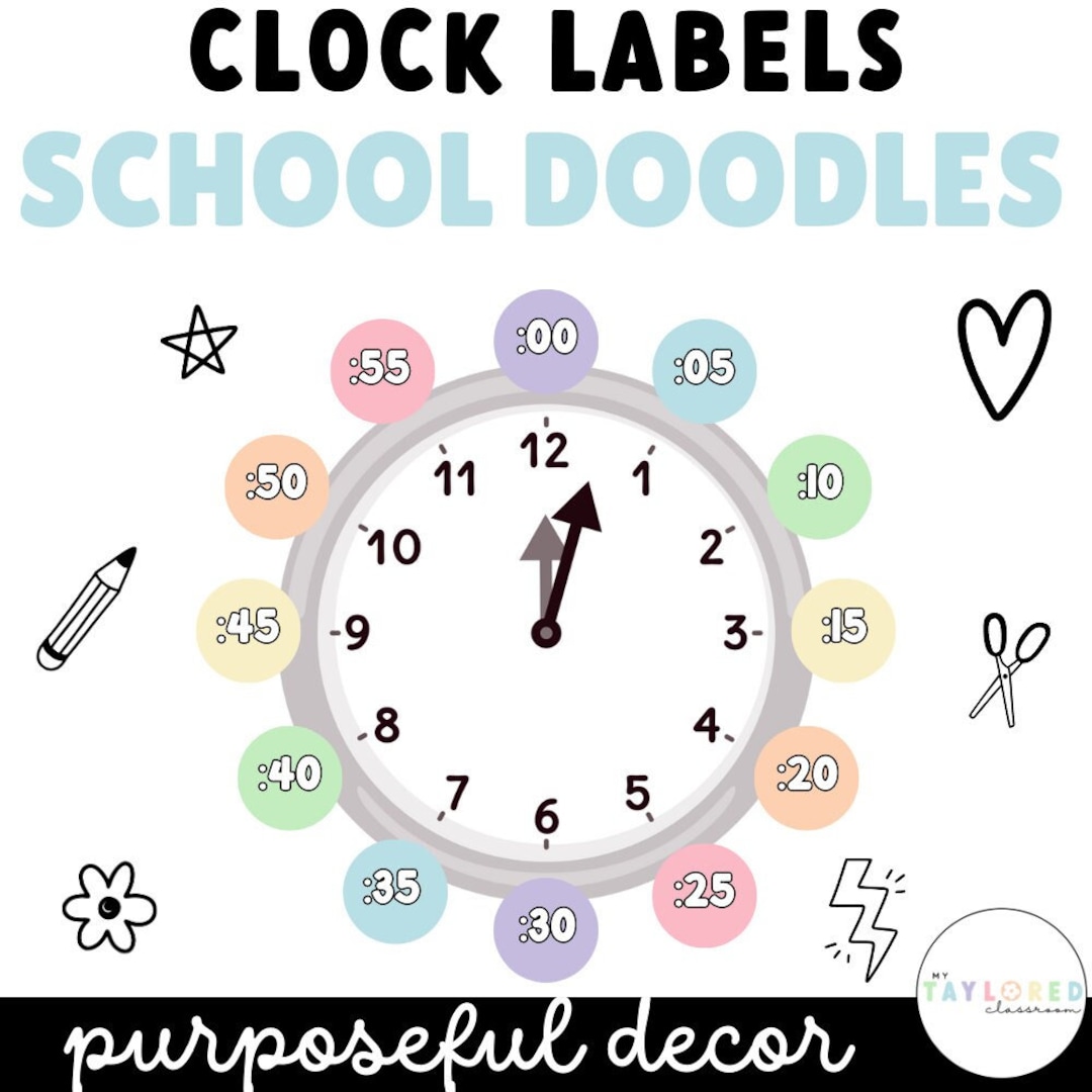 School Doodles Classroom Clock Labels | Calm Pastel Classroom Decor ...