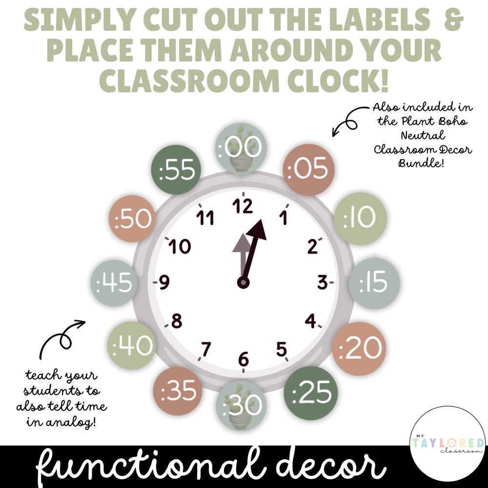 Plant Boho Neutral Clock Labels | Plant Classroom Decor | Neutral ...
