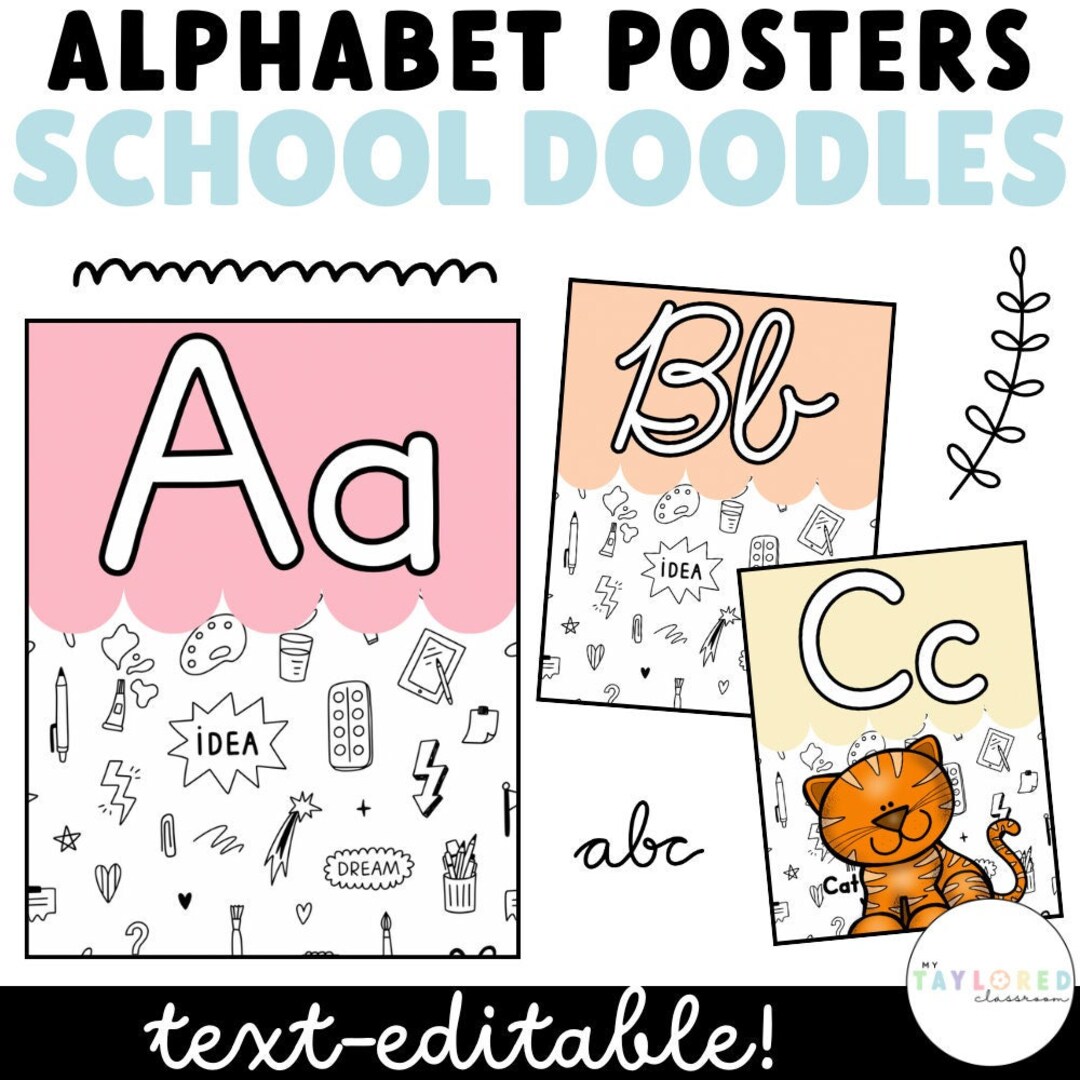 School Doodles Alphabet Classroom Posters | EDITABLE | Calm Pastel ...