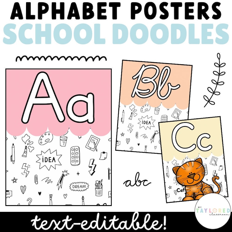 School Doodles Alphabet Classroom Posters | EDITABLE | Calm Pastel ...