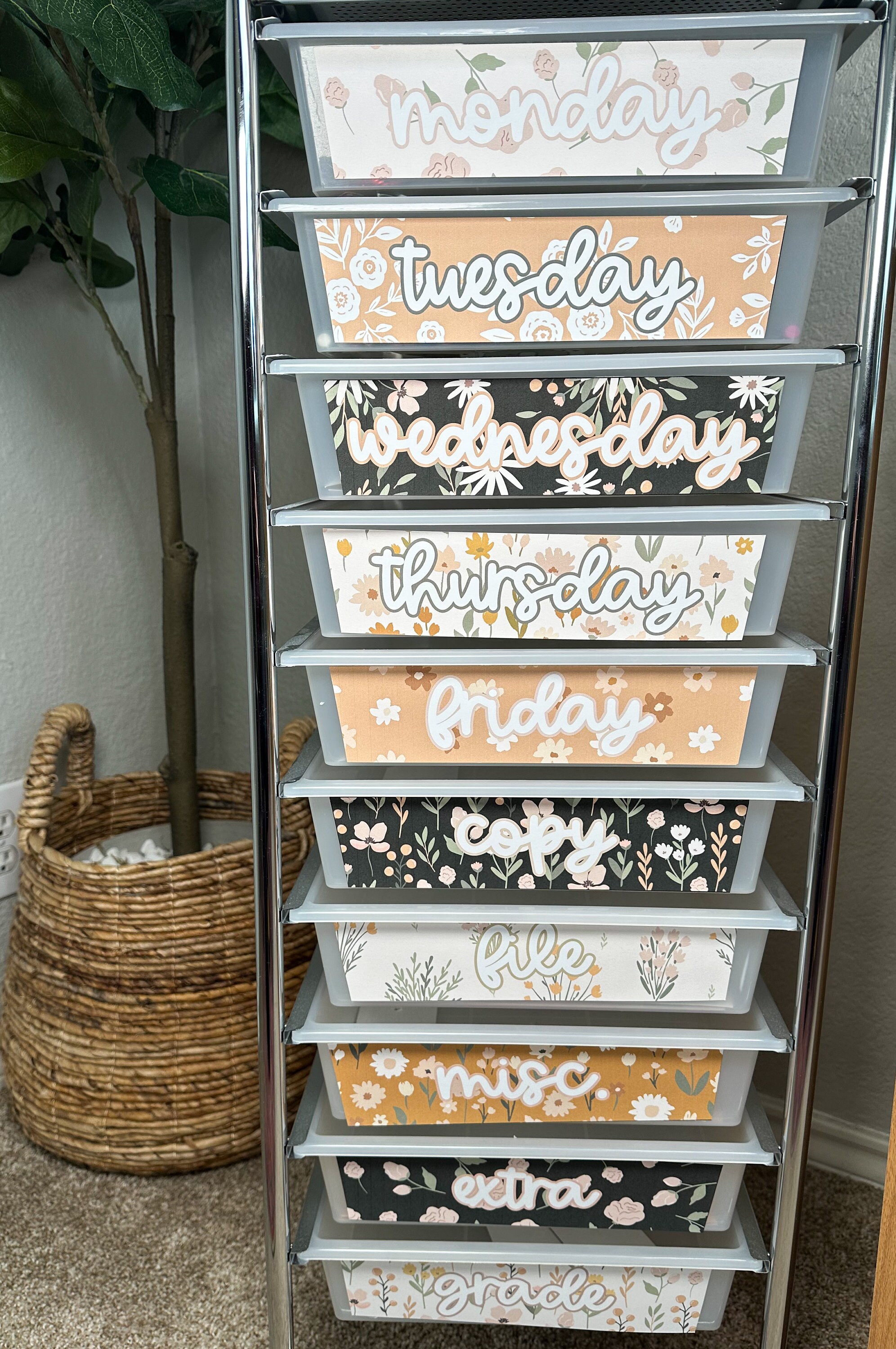 Vintage Floral Teacher Rolling Cart Labels | EDITABLE | Vintage ...