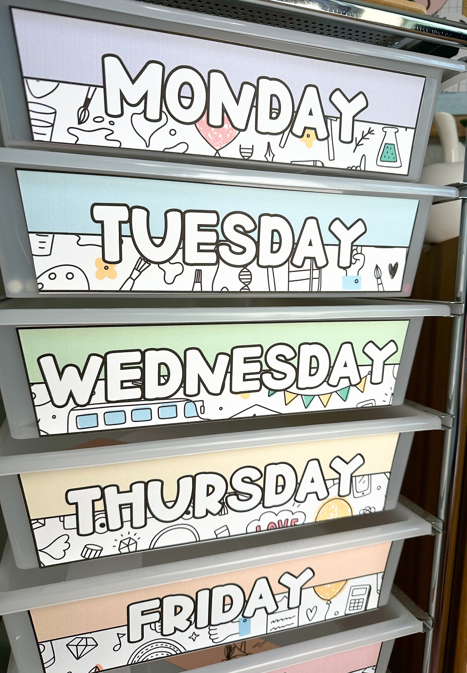 School Doodles Teacher Rolling Cart Labels | EDITABLE | Calm Pastel ...