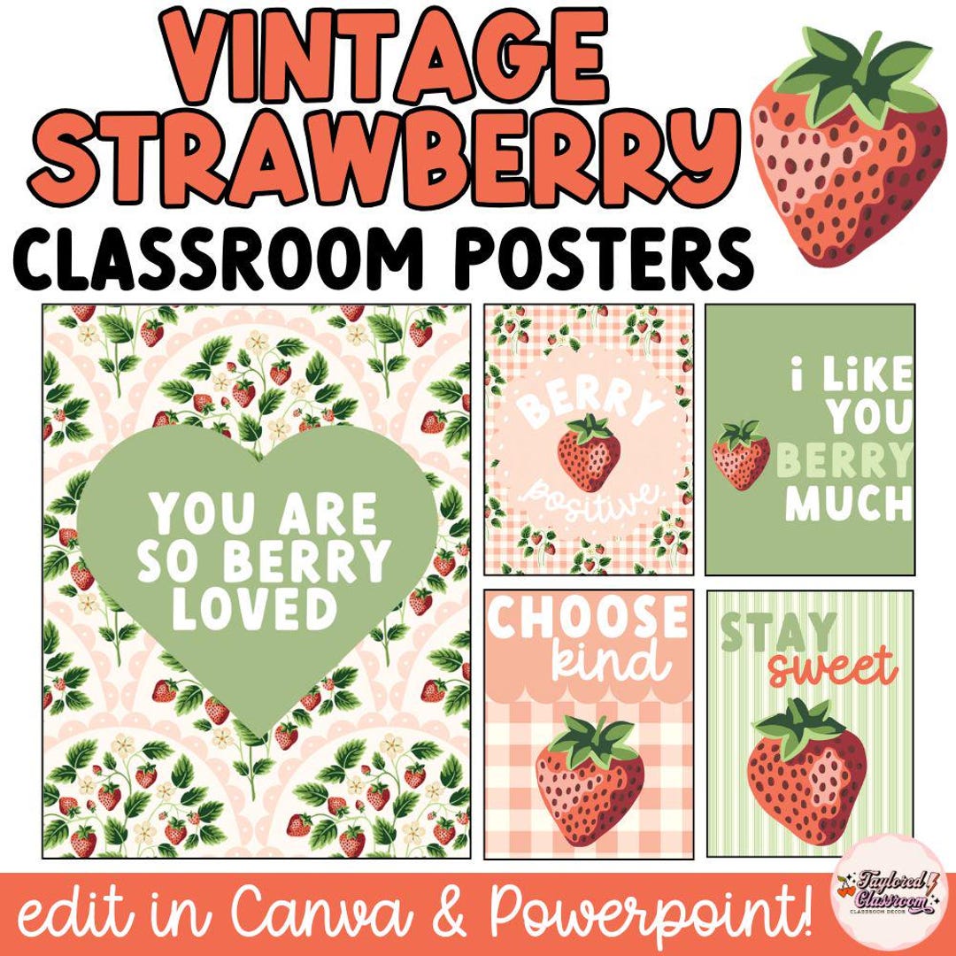 Vintage Strawberry Classroom Decor Bundle | Editable Posters, Banners ...