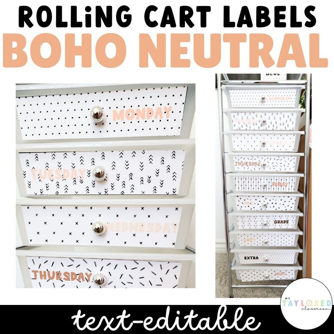 Boho Neutral Rolling Cart Labels | Teacher Trolley Labels | Boho ...