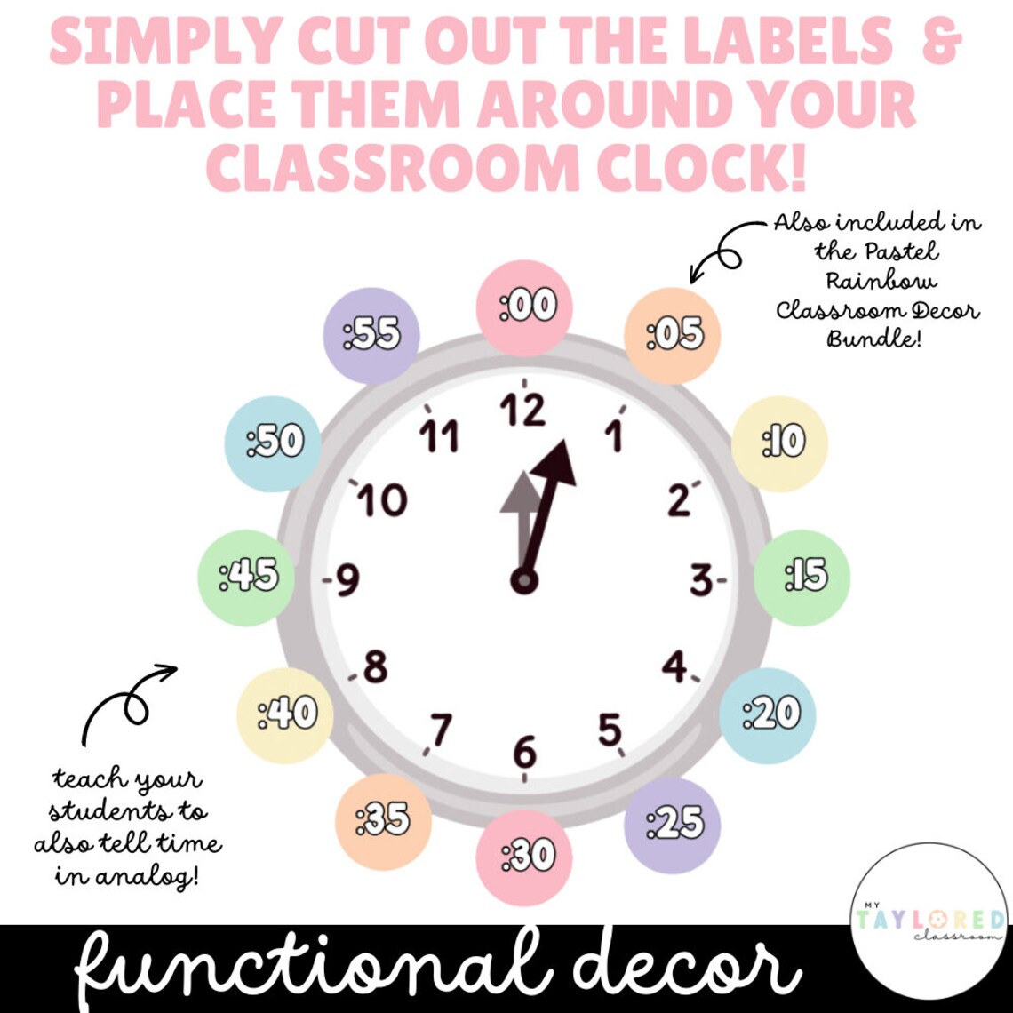 Pastel Rainbow Classroom Clock Labels Pastel Classroom Decor Rainbow ...