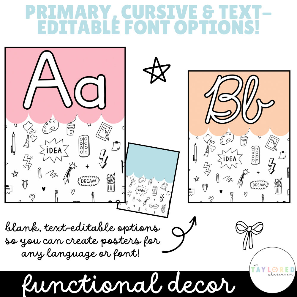 School Doodles Alphabet Classroom Posters | EDITABLE | Calm Pastel ...