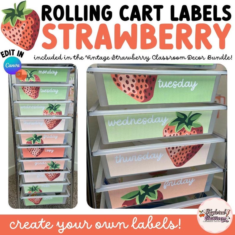 Vintage Strawberry Rolling Cart Labels – Teacher Trolley Organization ...