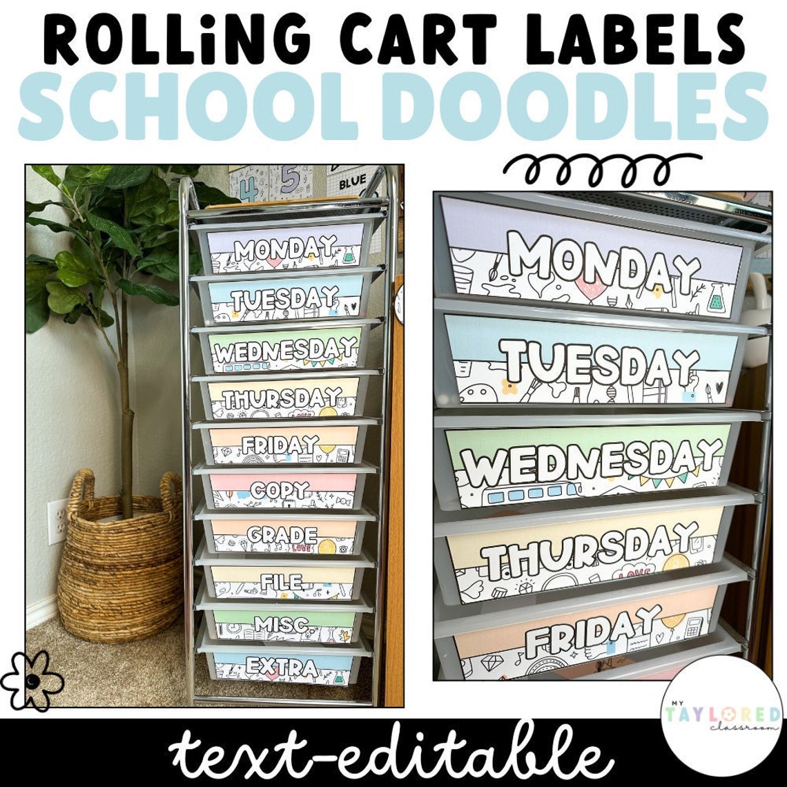 School Doodles Teacher Rolling Cart Labels EDITABLE Calm Pastel ...