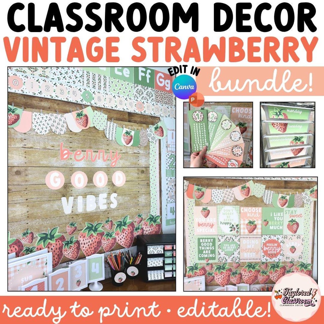 Vintage Strawberry Classroom Decor Bundle - EDITABLE Powerpoint and ...