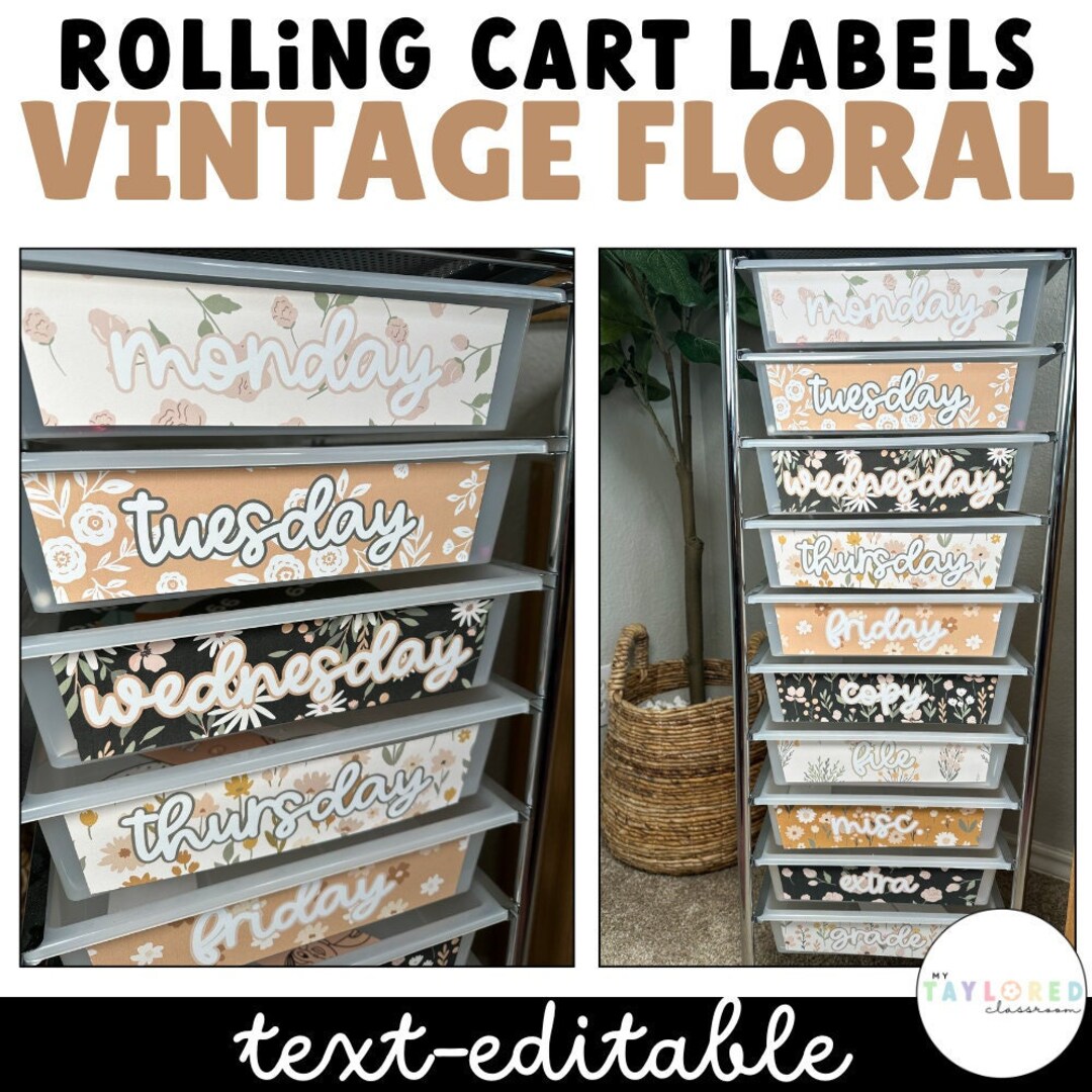 Vintage Floral Teacher Rolling Cart Labels | EDITABLE | Vintage ...