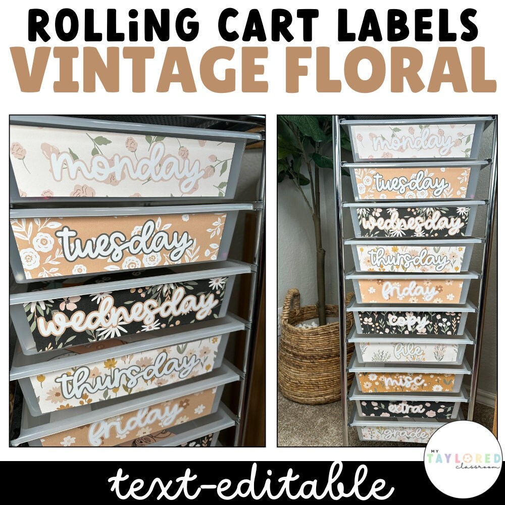 Vintage Floral Teacher Rolling Cart Labels | EDITABLE | Vintage ...