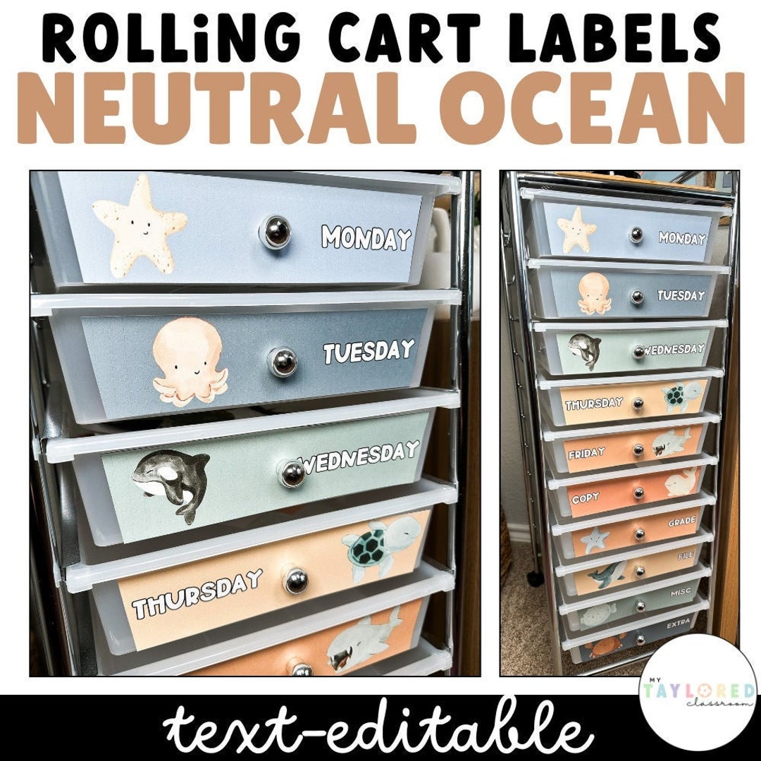 Neutral Ocean Teacher Rolling Cart Labels | EDITABLE | Modern Ocean ...