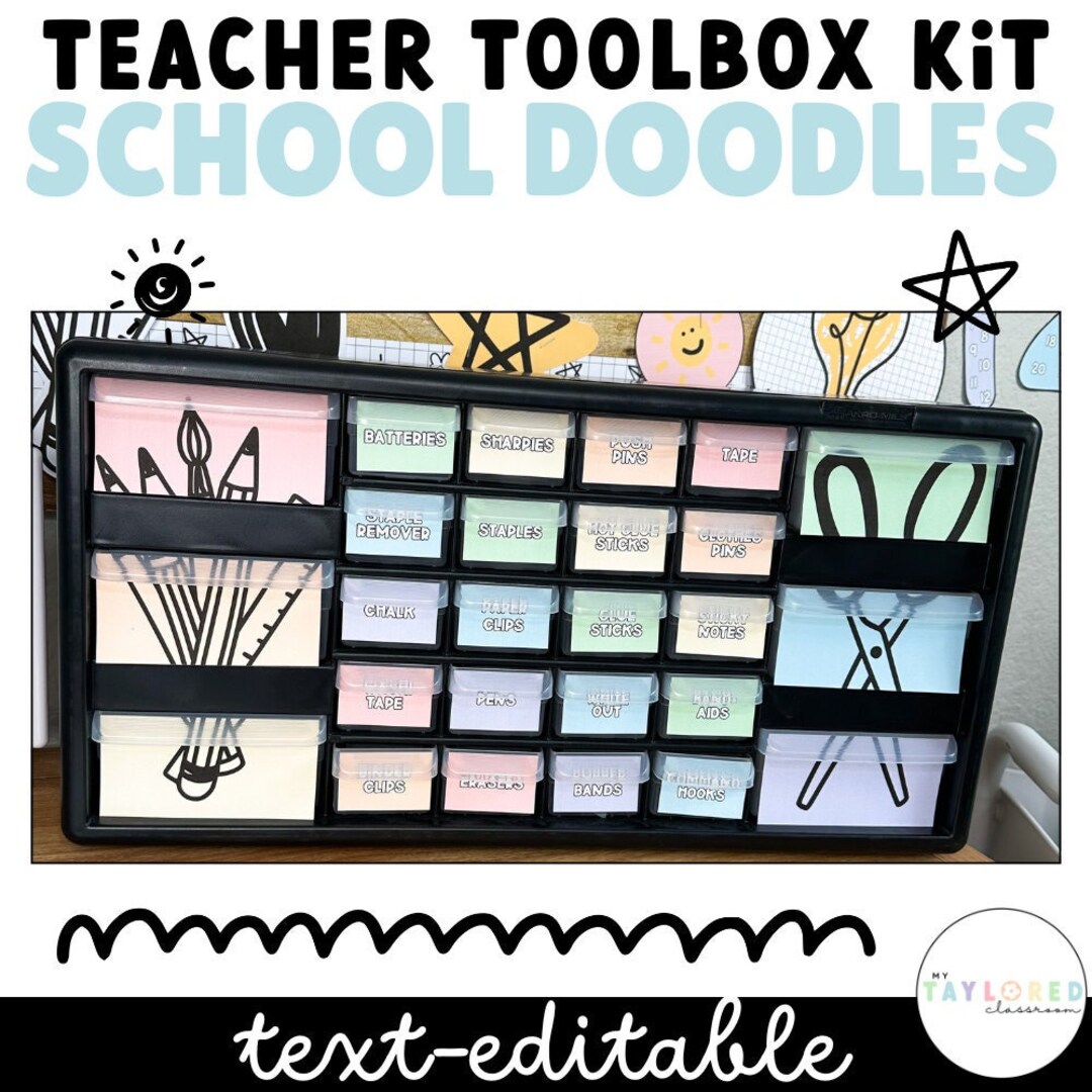 School Doodles Teacher Toolbox Labels | EDITABLE | Calm Pastel ...