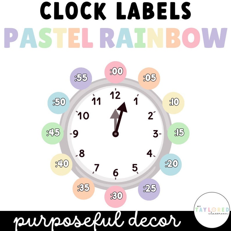 Pastel Rainbow Classroom Clock Labels Pastel Classroom Decor Rainbow ...