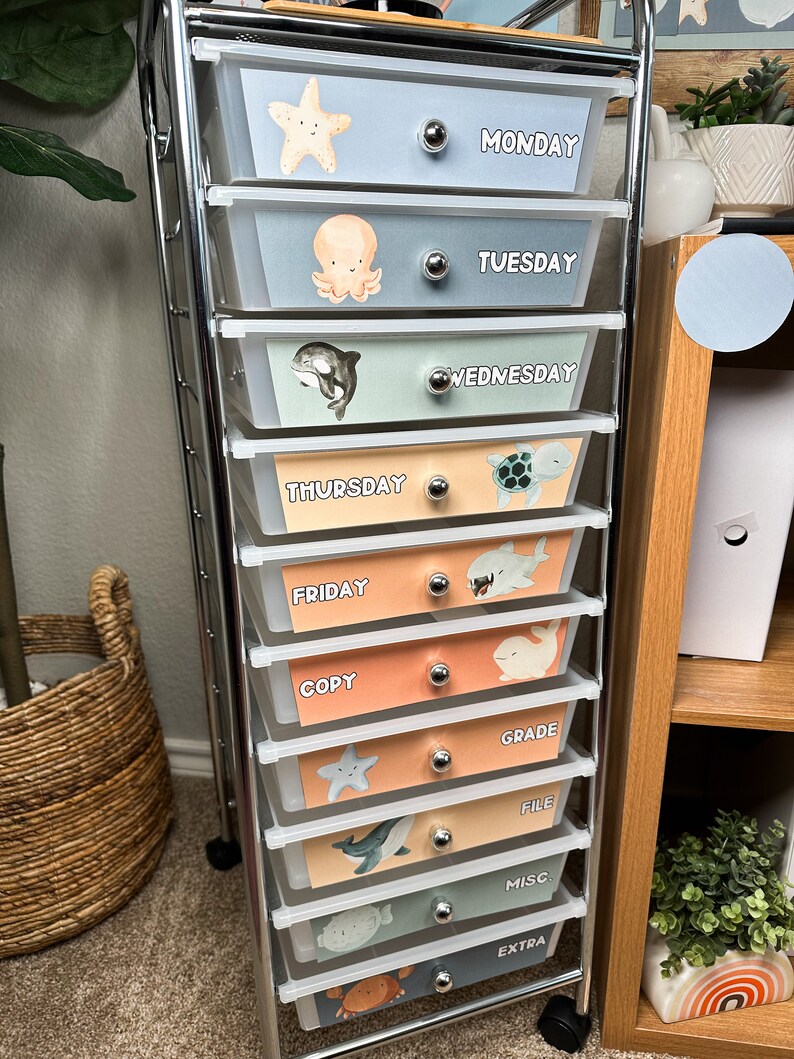 Neutral Ocean Teacher Rolling Cart Labels | EDITABLE | Modern Ocean ...