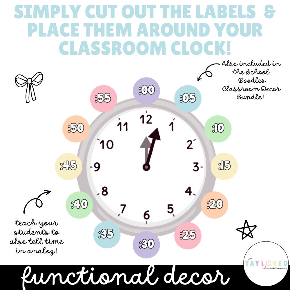 School Doodles Classroom Clock Labels Calm Pastel Classroom Decor