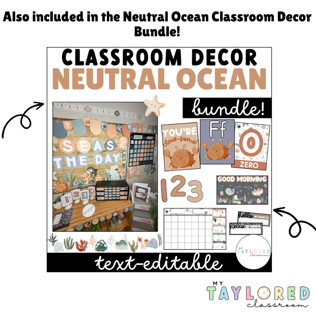 Neutral Ocean Classroom Bulletin Board Kit | EDITABLE | Modern Ocean ...