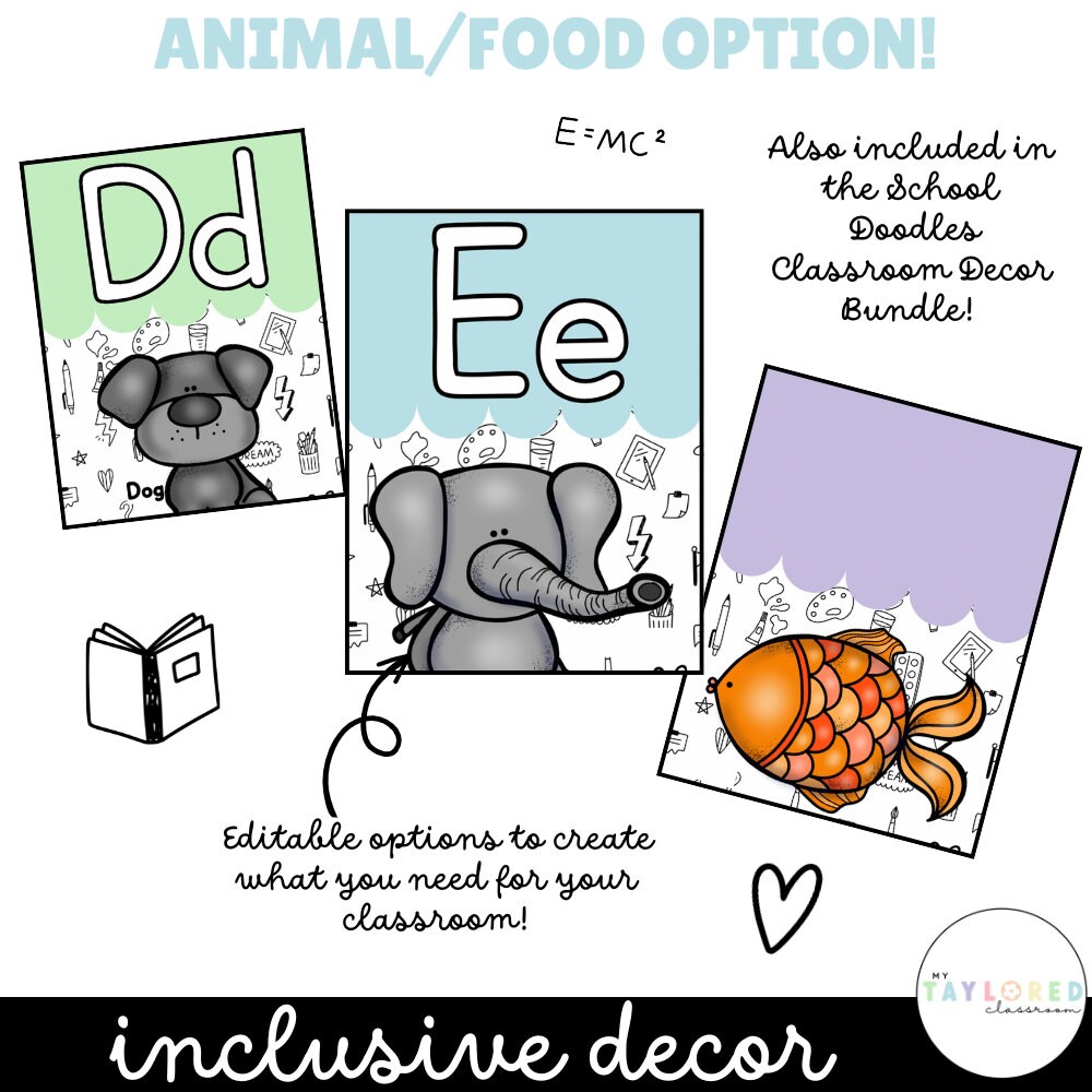 School Doodles Alphabet Classroom Posters | EDITABLE | Calm Pastel ...