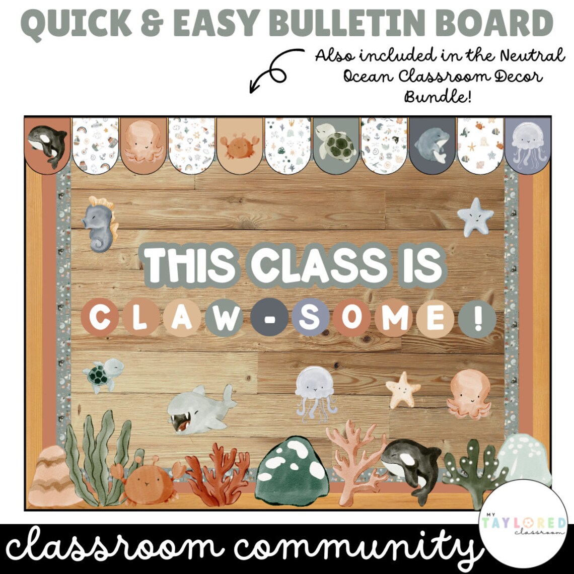 Neutral Ocean Classroom Bulletin Board Kit EDITABLE Modern Ocean ...