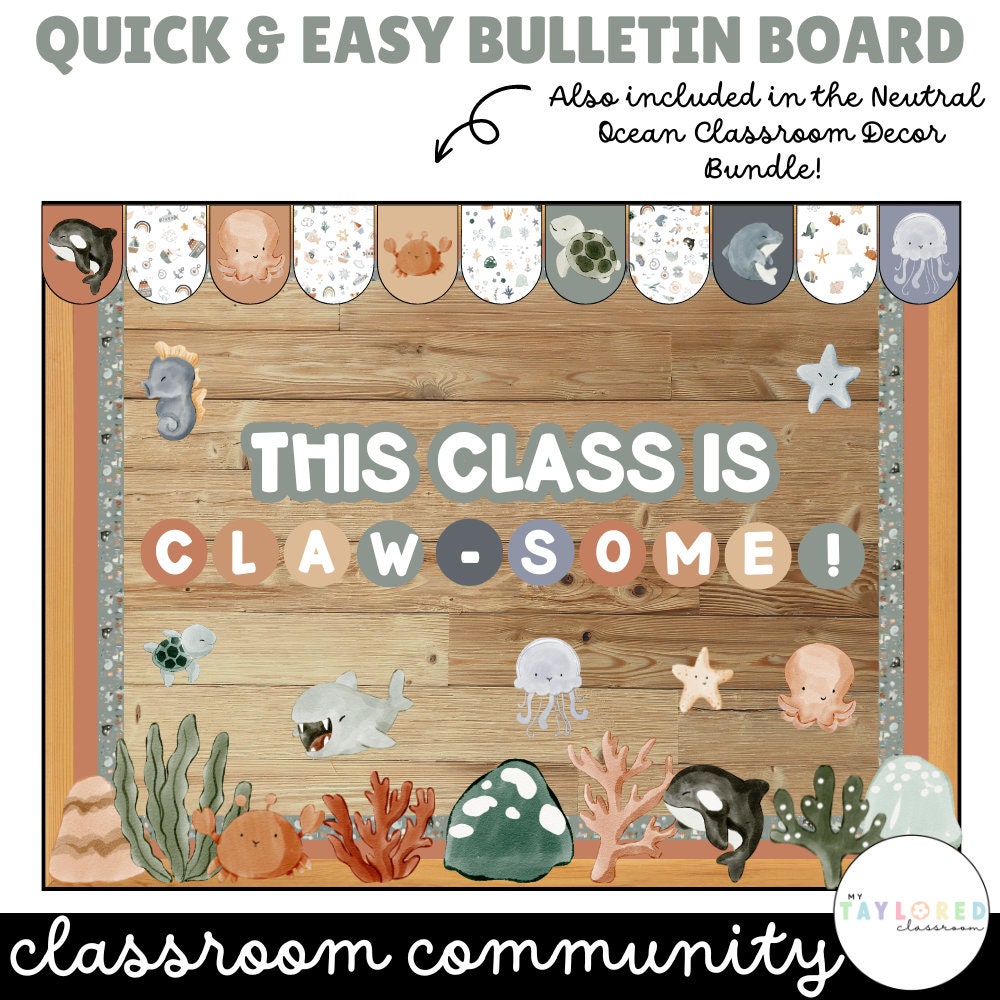 Neutral Ocean Classroom Bulletin Board Kit | EDITABLE | Modern Ocean ...