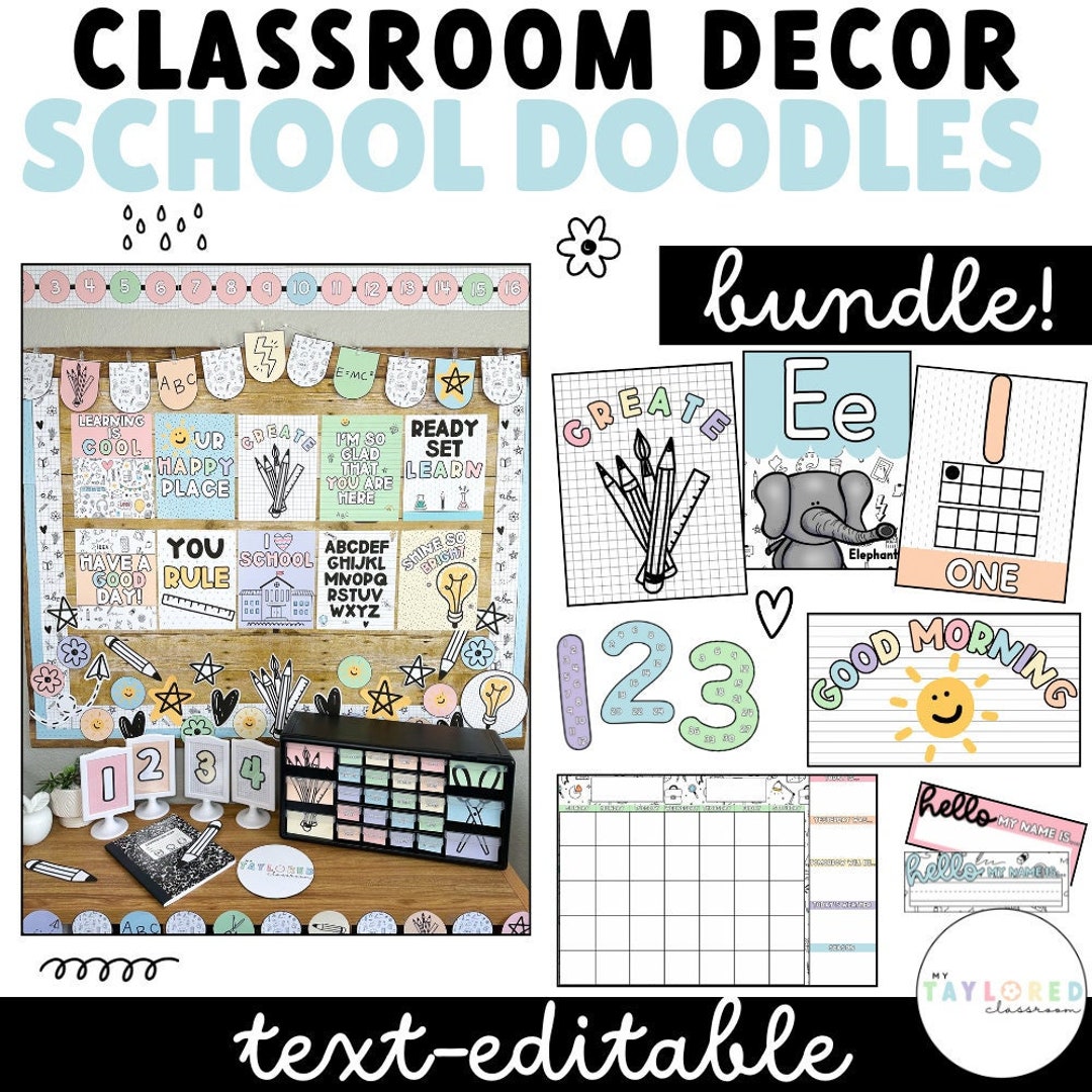 School Doodles Classroom Decor | EDITABLE | Calm Pastel Rainbow ...