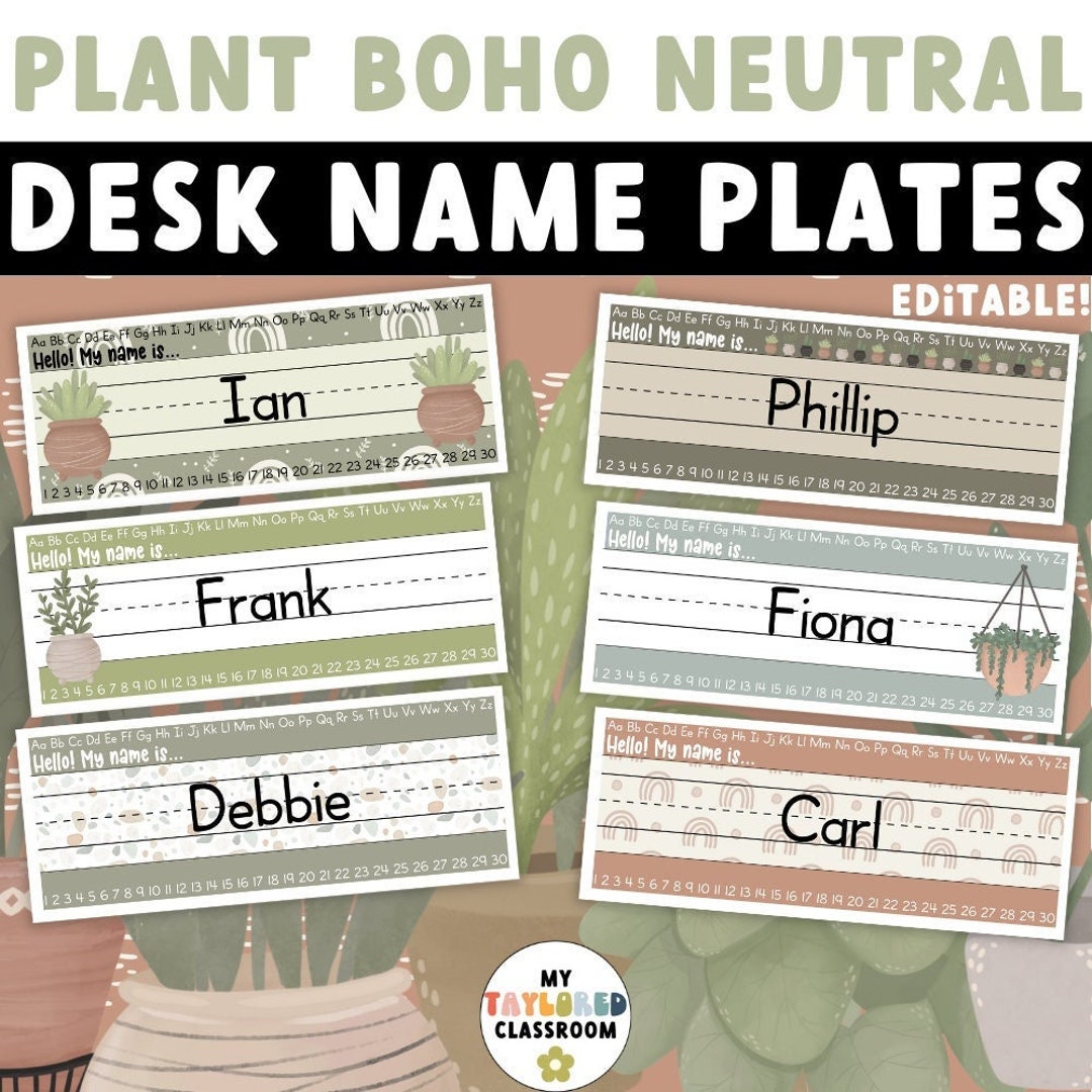 Plant Boho Neutral Desk Name Plates EDITABLE Plant - Etsy