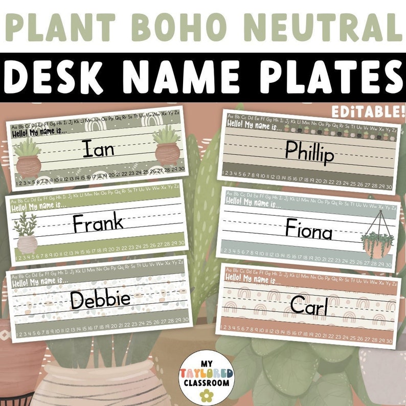 Plant Boho Neutral Desk Name Plates EDITABLE Plant - Etsy