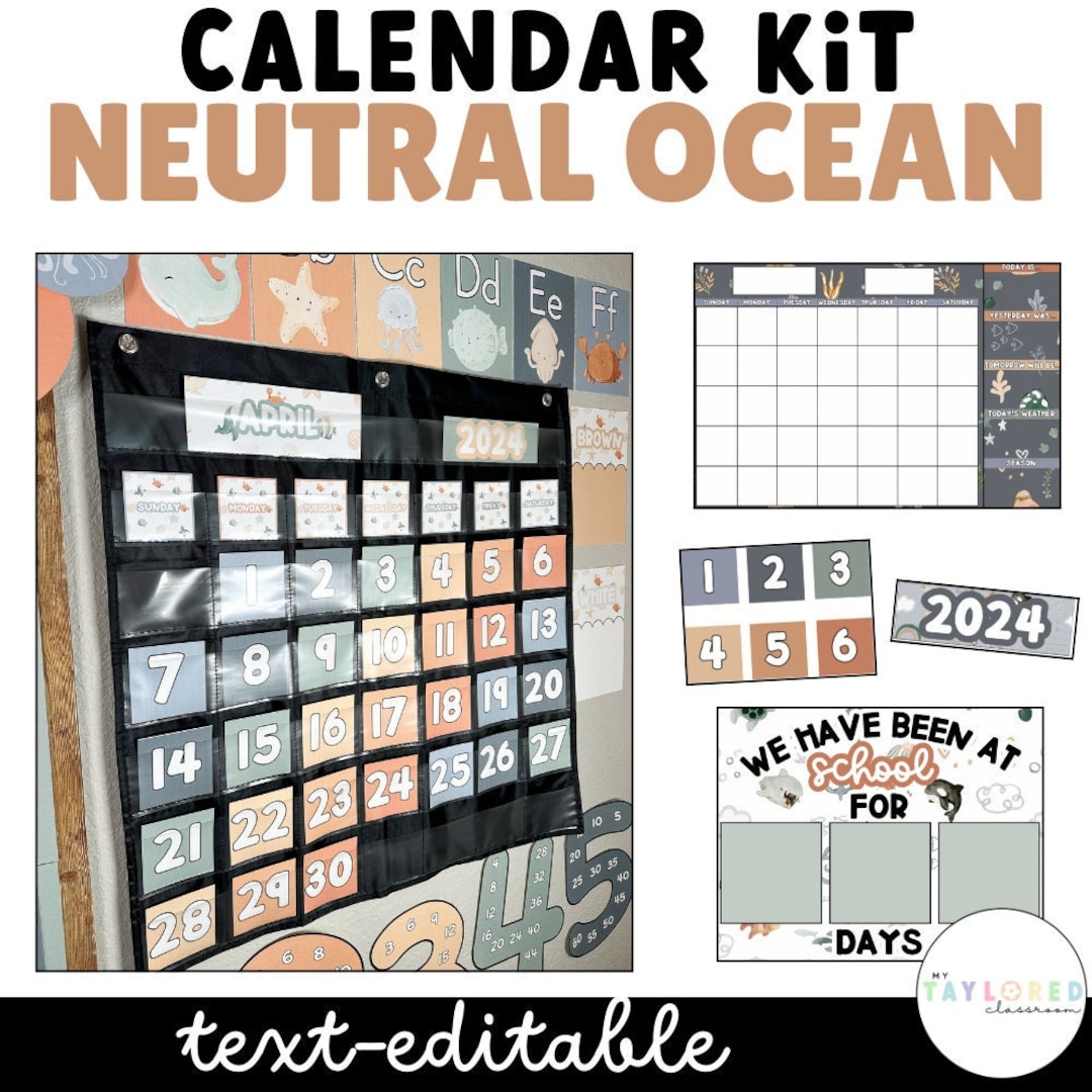 Neutral Ocean Classroom Calendar Kit | EDITABLE | Modern Ocean ...