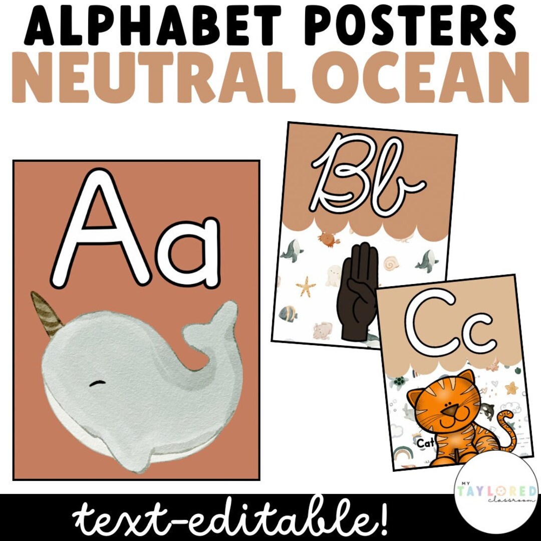 Neutral Ocean Alphabet Classroom Posters | EDITABLE | Modern Ocean ...