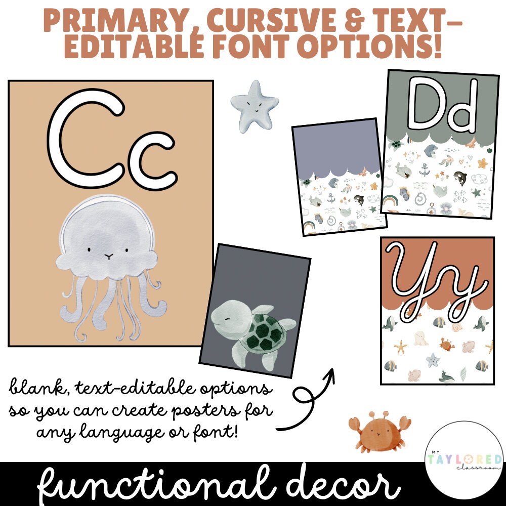 Neutral Ocean Alphabet Classroom Posters | EDITABLE | Modern Ocean ...