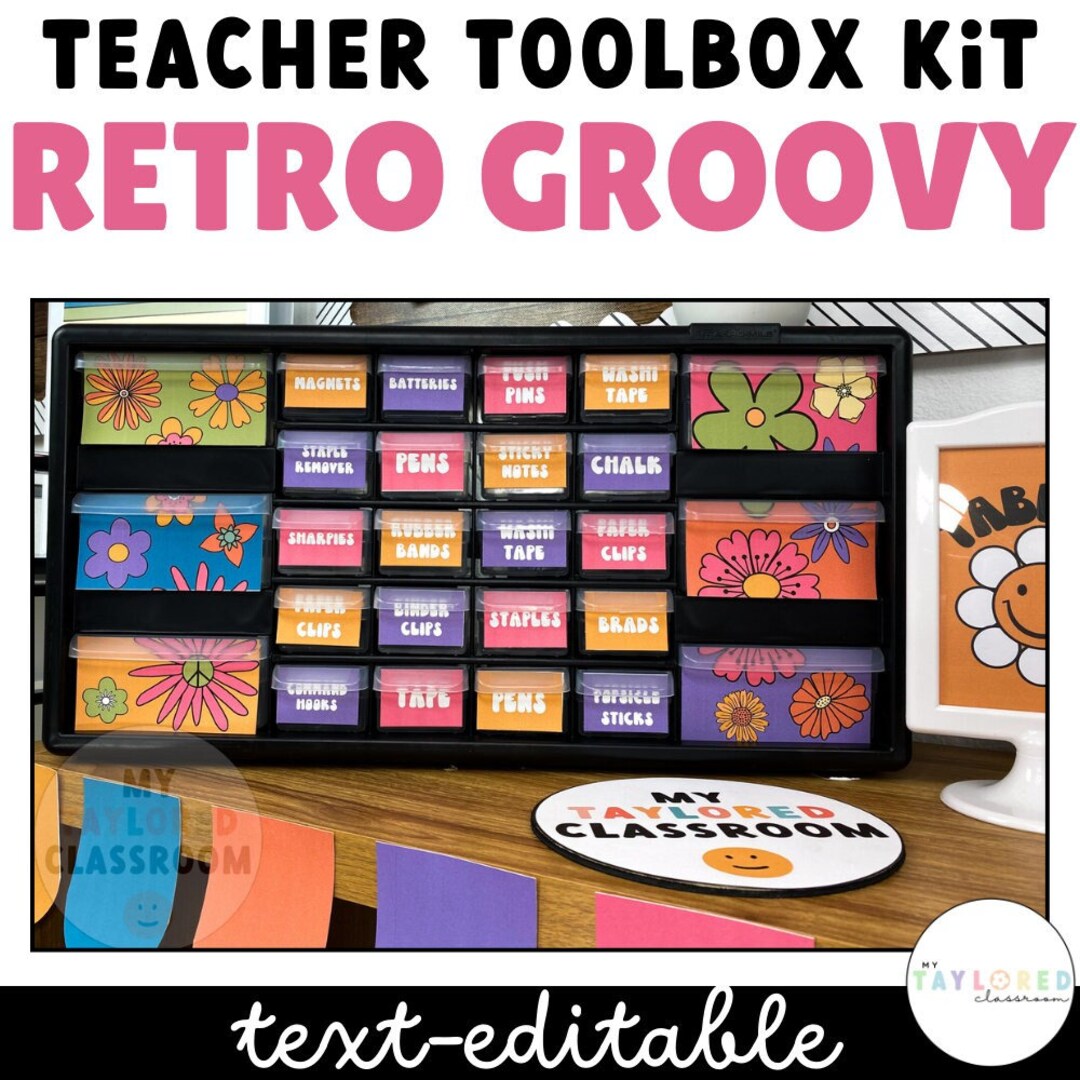 Retro Groovy Teacher Toolbox Labels | EDITABLE | Retro Classroom Decor ...