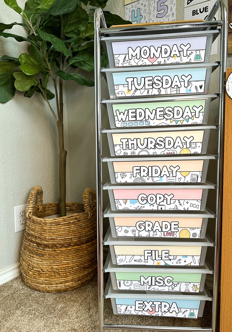 School Doodles Teacher Rolling Cart Labels | EDITABLE | Calm Pastel ...