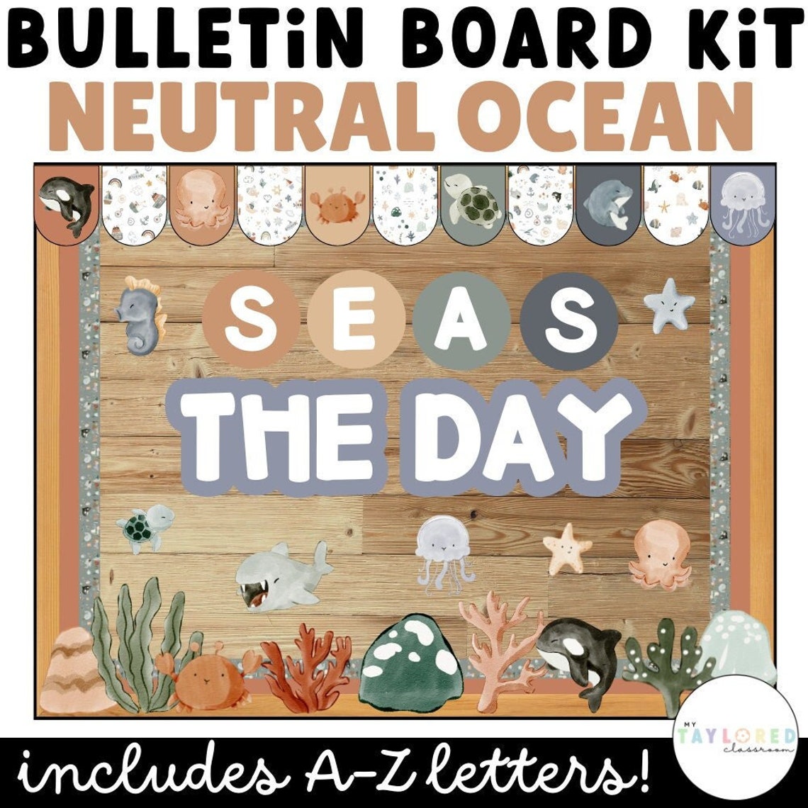 Neutral Ocean Classroom Bulletin Board Kit | EDITABLE | Modern Ocean ...