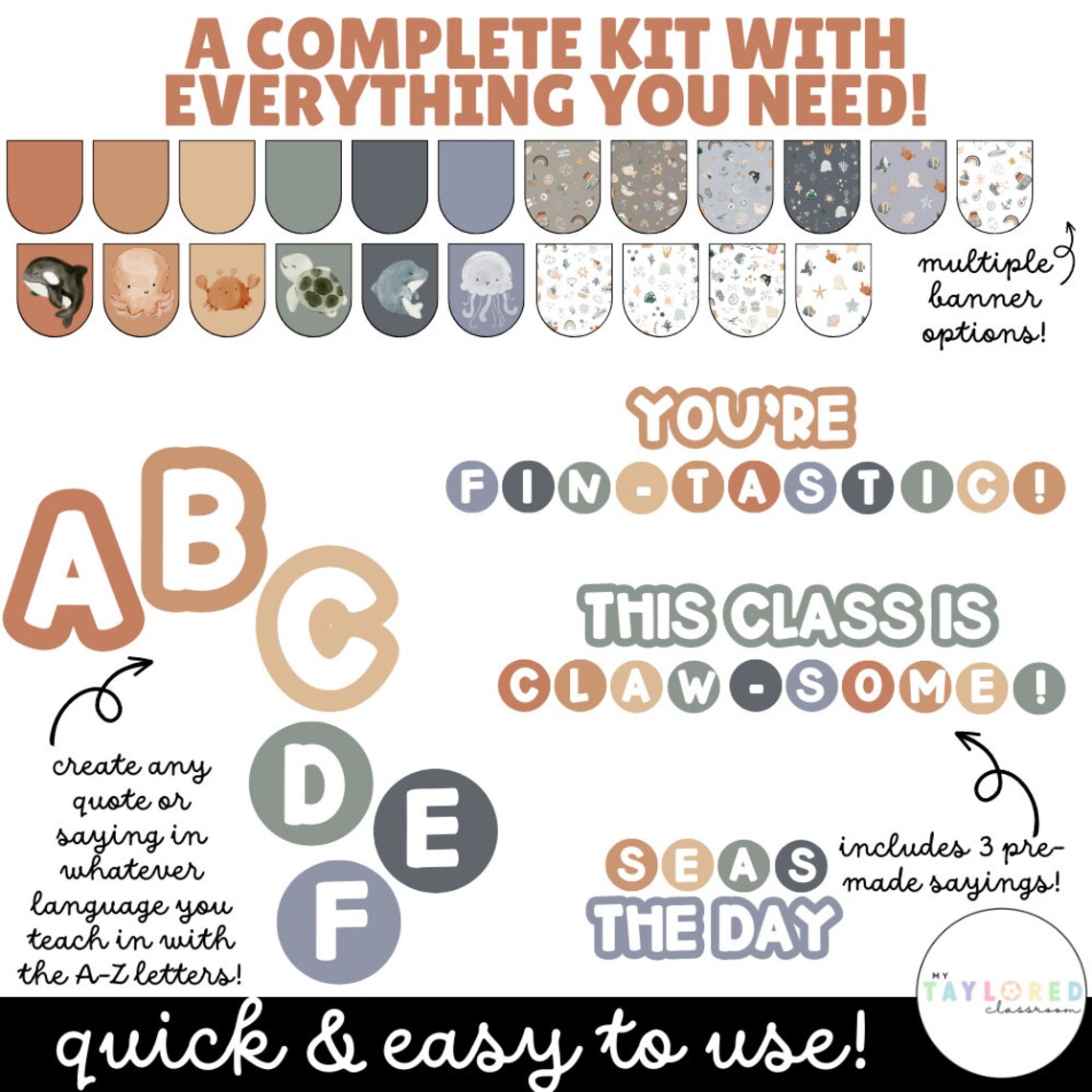 Neutral Ocean Classroom Bulletin Board Kit | EDITABLE | Modern Ocean ...