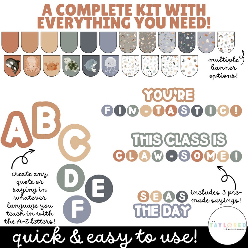 Neutral Ocean Classroom Bulletin Board Kit | EDITABLE | Modern Ocean ...