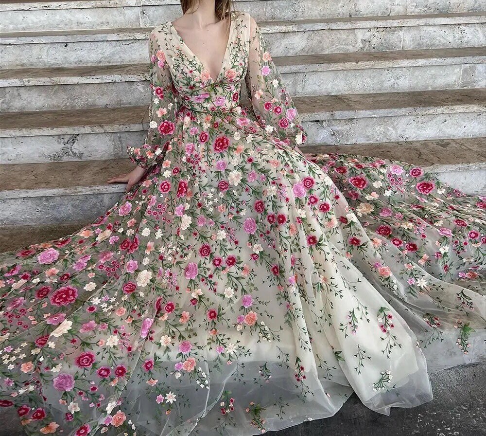 Bohemian Floral Tulle Prom Dresses Long Sleeves V-neck Lace Appliques A ...