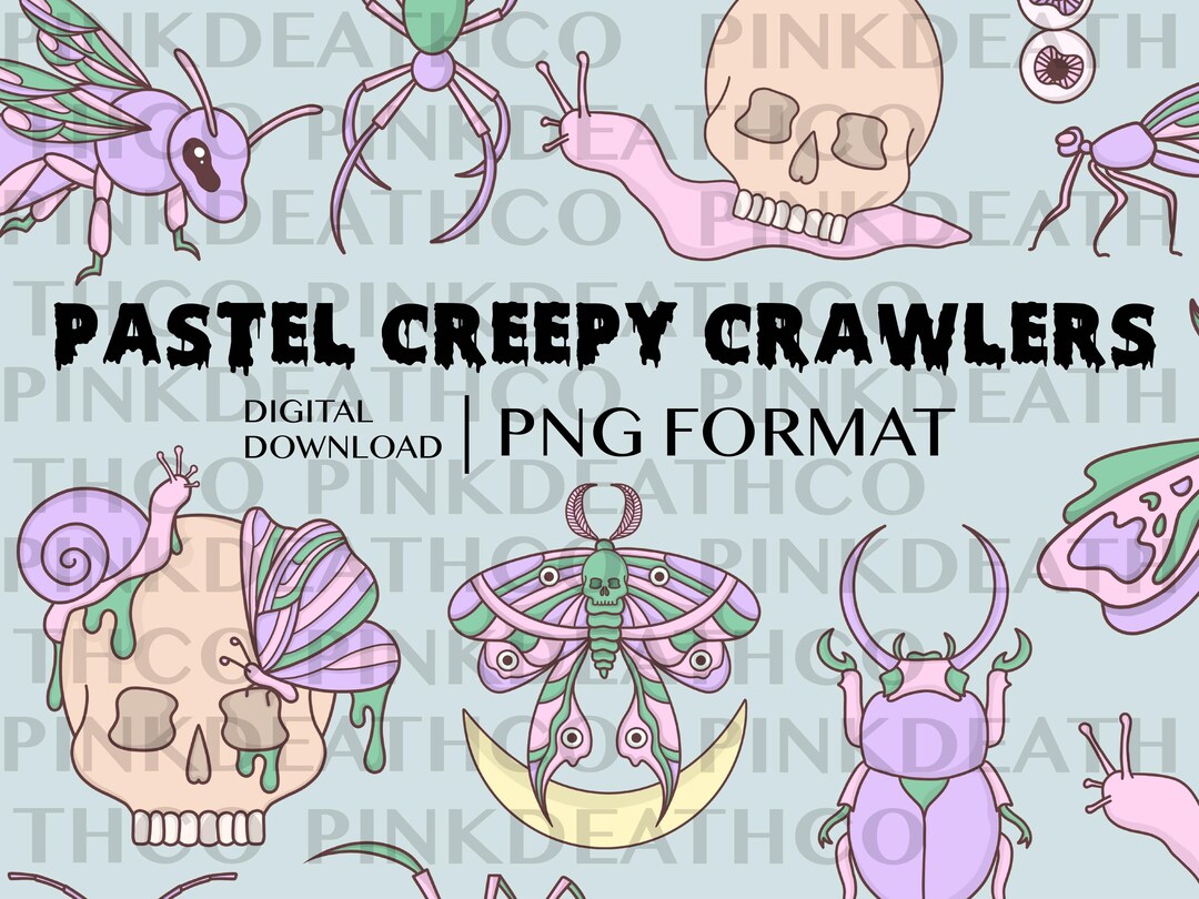 Pastel Creepy Crawlers Clipart Bundle Hand-drawn 24 PNG Files: Skulls ...